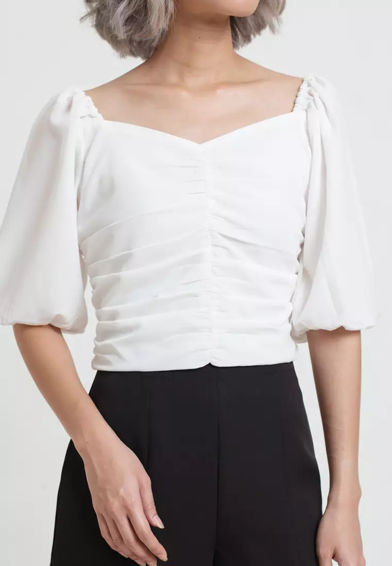 Jual Cloth Inc Ruched Puff Sleeve Blouse in White Original 2024 | ZALORA Indonesia