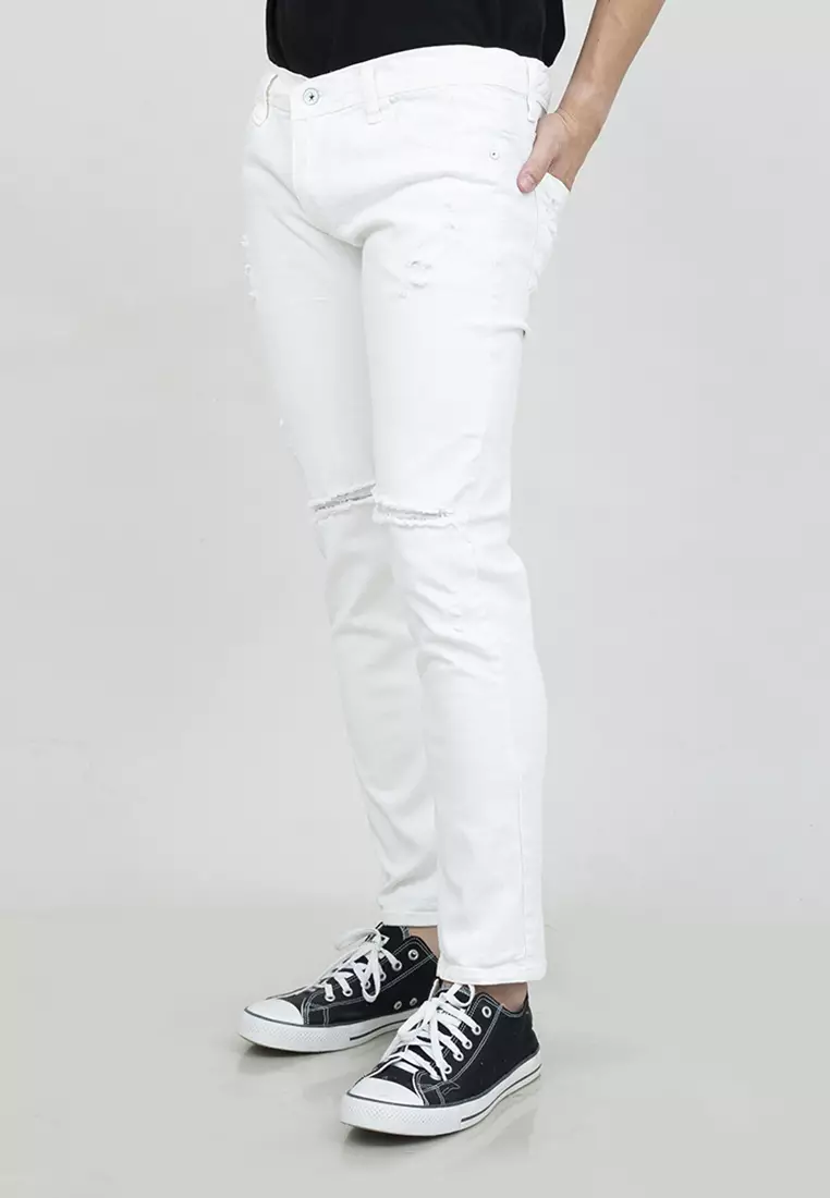 Jual House of Cuff Celana jeans putih sobek ripped slim fit denim slim ...