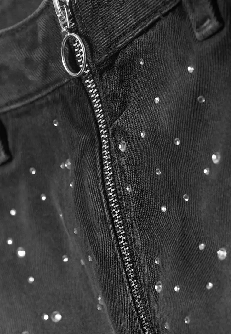 Buy Monki Low Embellished Denim Mini Zip Skirt 2025 Online | ZALORA