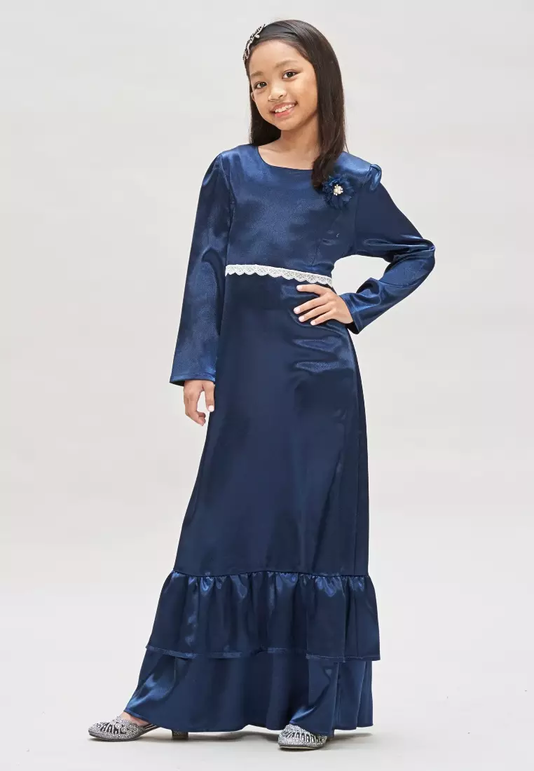 Buy Loveaisyah Girl Navy Blue Dress with Flower Brooch Baju Hari Raya ...
