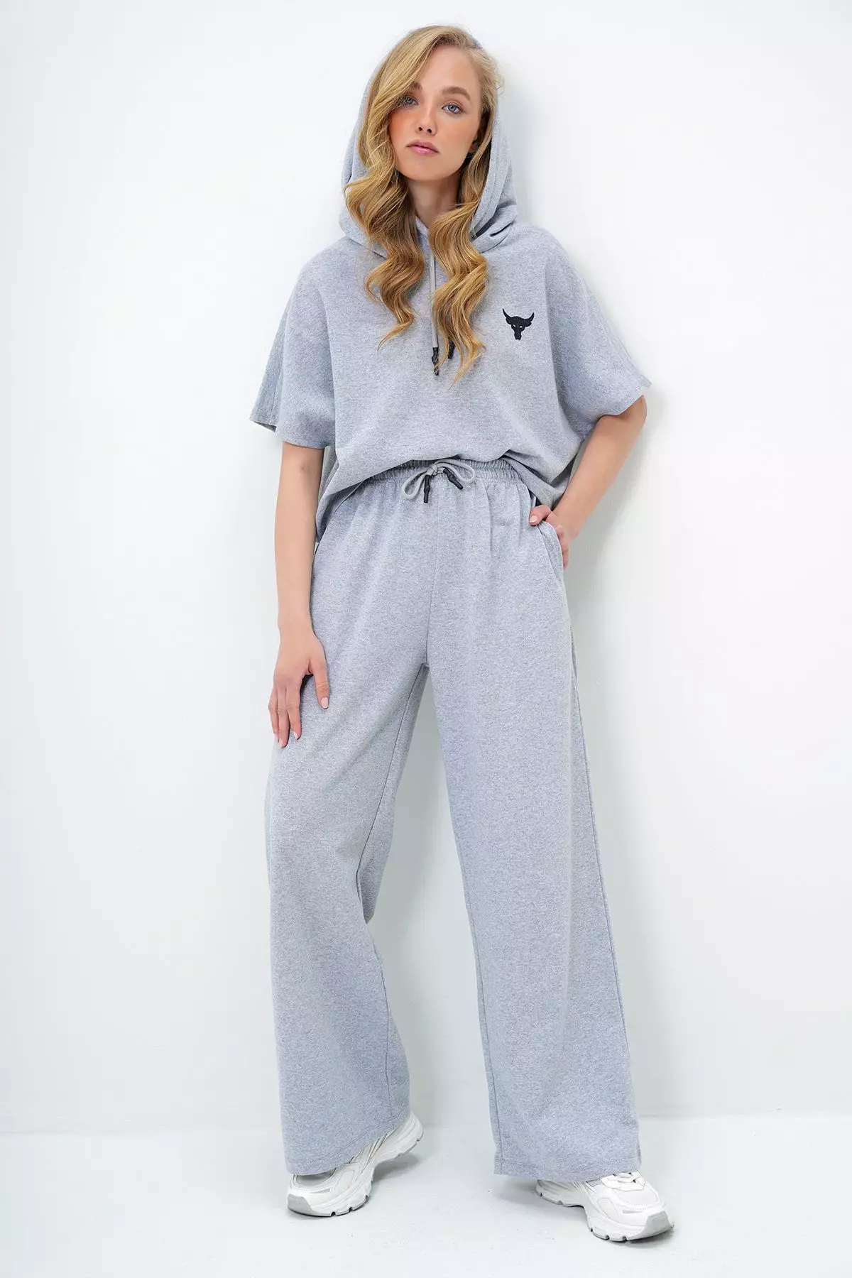 Alacati Women's Gray Hooded Oversize Crop And Double Pocket Pants Set ...