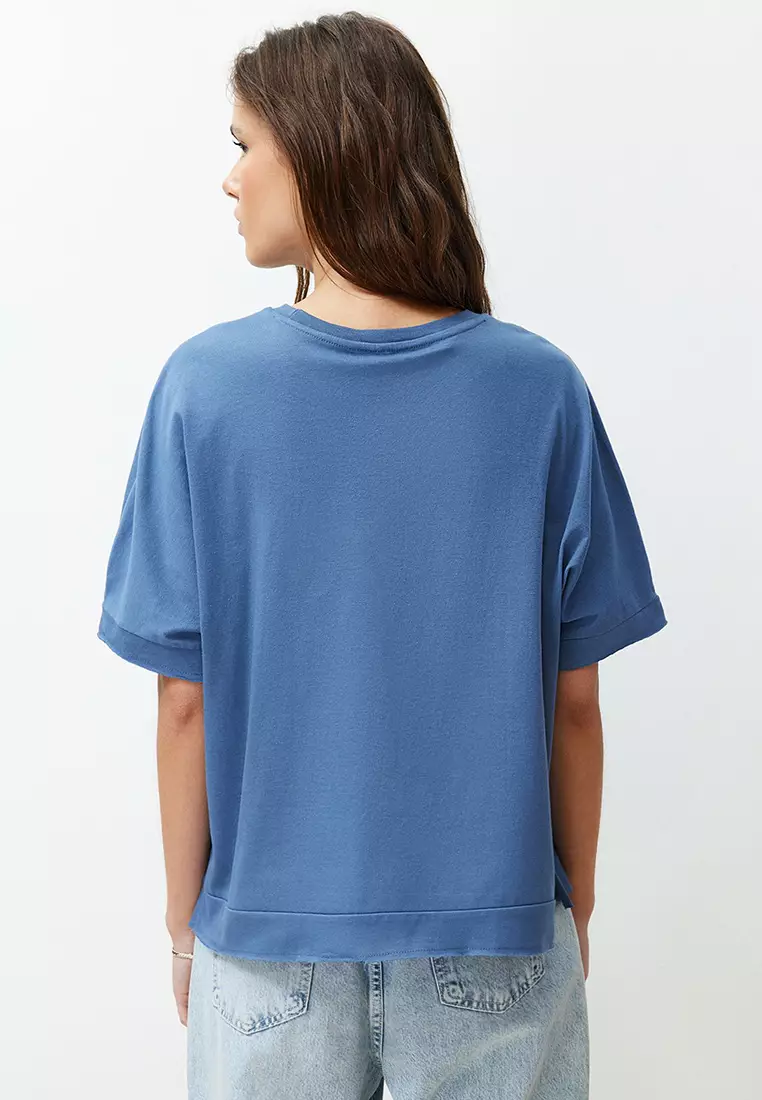 Buy Trendyol Indigo 100% Cotton Slit And Slit Detailed Oversize/Relaxed ...