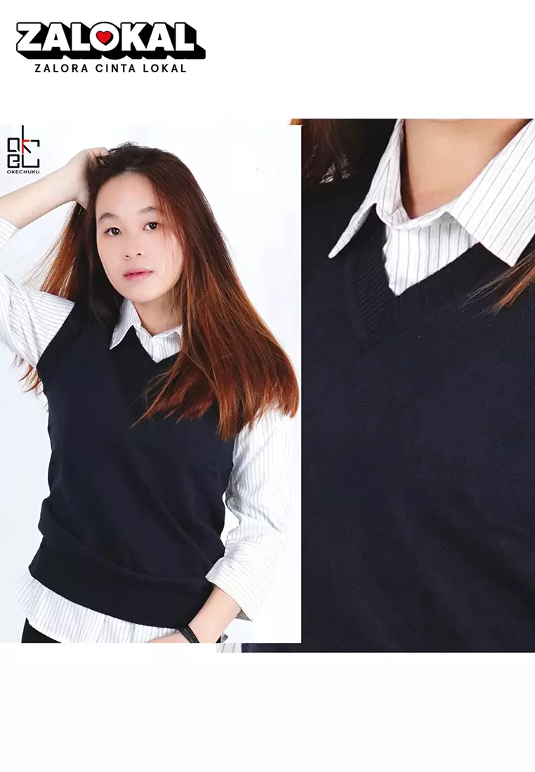 Jual Okechuku OKECHUKU Rompi Rajut Wanita Model Polos V Neck Knit Vest ...