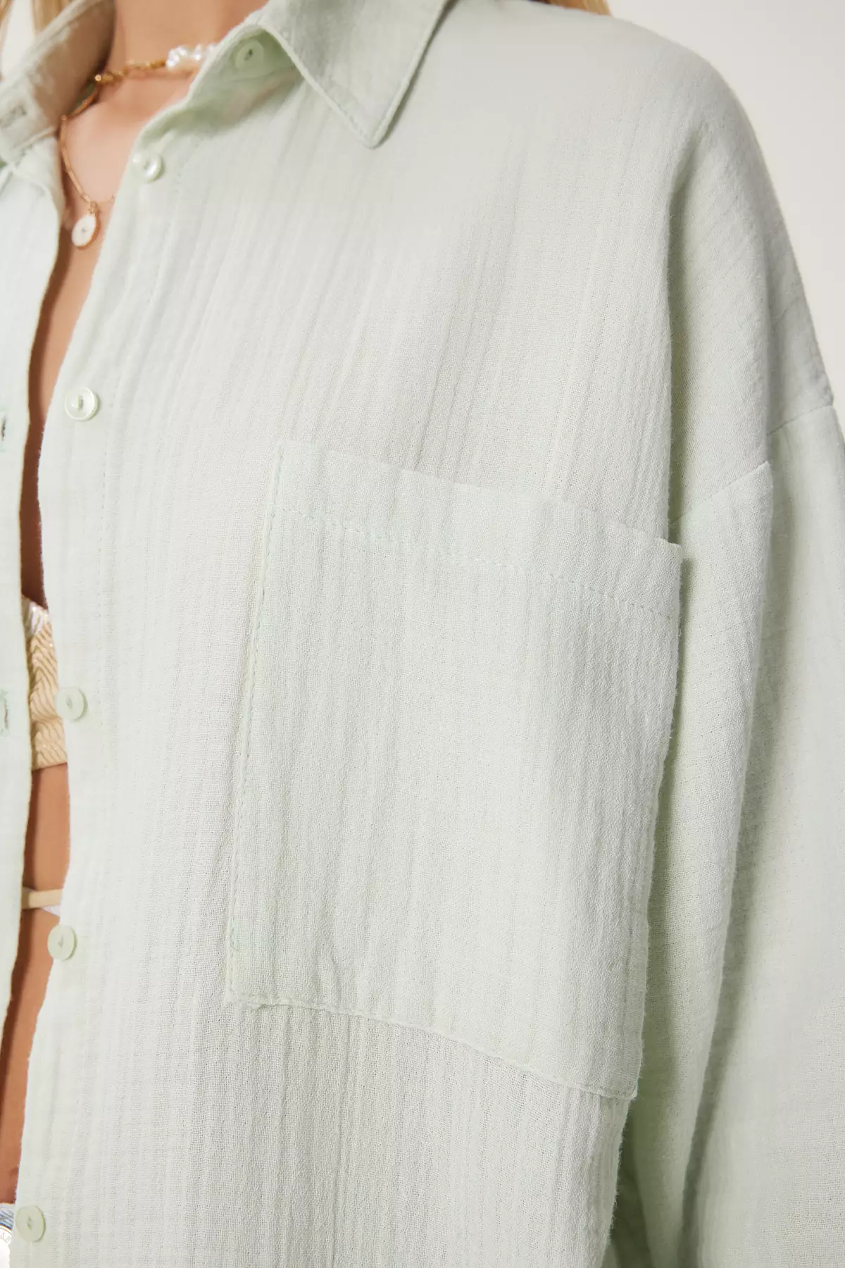 Buy Happiness Istanbul Women's Aqua Green Oversize Basic Muslin Shirt ...