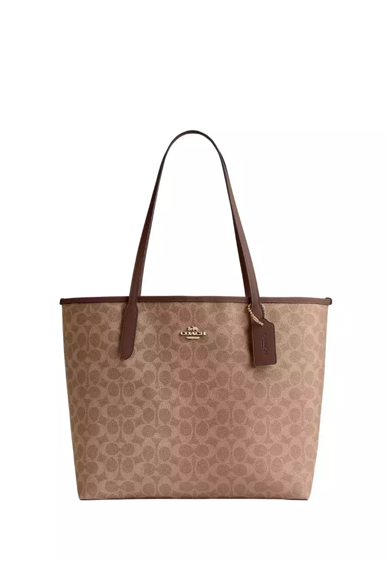 Jual COACH City Tote Bag In Signature Canvas Gold Tan Brown Original ...