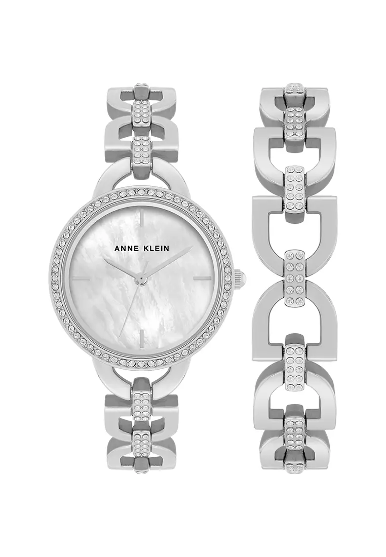 Buy Anne Klein Box Set White Mother of Pearl Dial Silver Tone Crystal ...