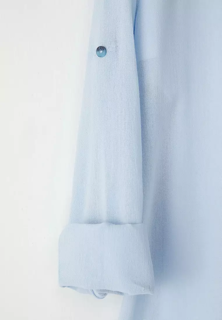 Buy Trendyol Light Blue Regular Fit Epaulette Wrinkled Effect Linen ...