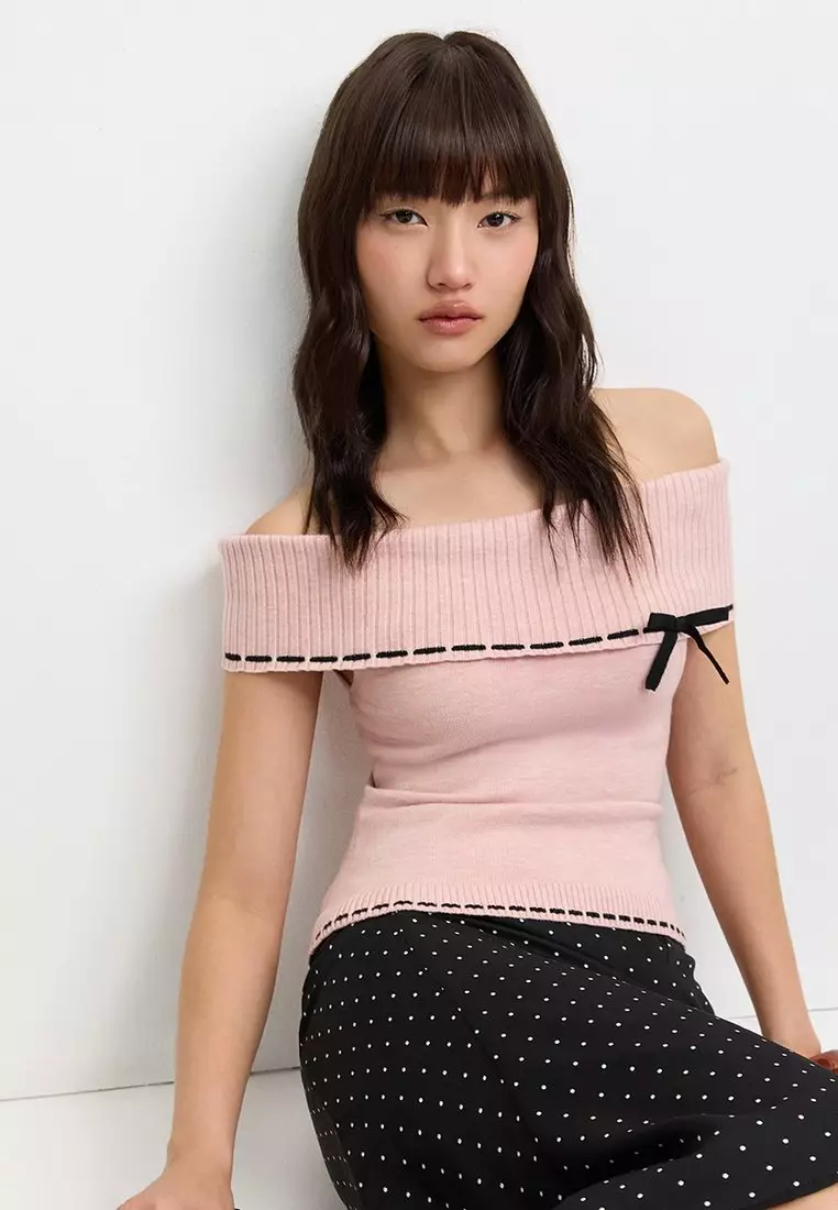 Buy Pomelo Tie-Front Off-Shoulder Ribbon Trim Knitted Top - Pink 2026 ...