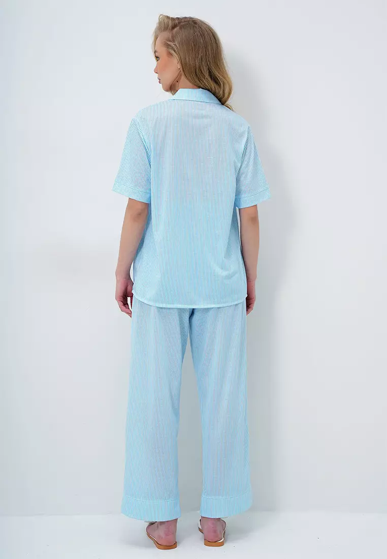 Buy Alacati Women's Blue Double Sleeve And Leg Detailed Striped Shirt ...