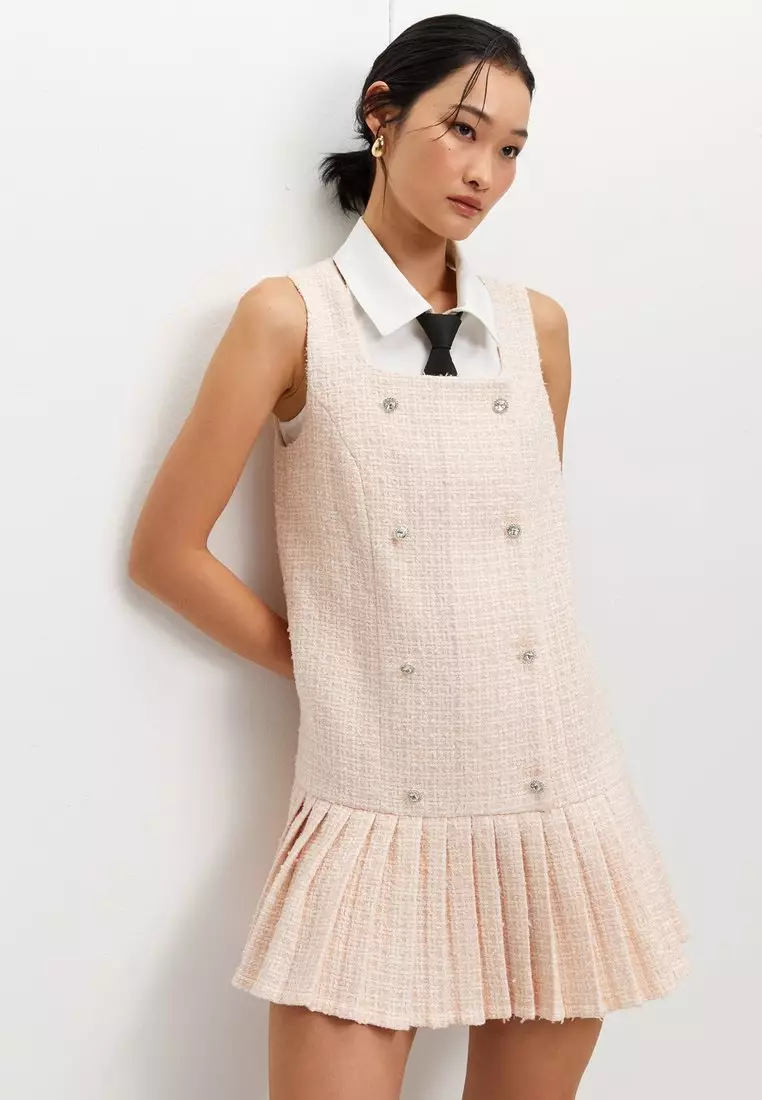 Buy Pomelo Pleated Tweed Dress - Pink 2025 Online | ZALORA