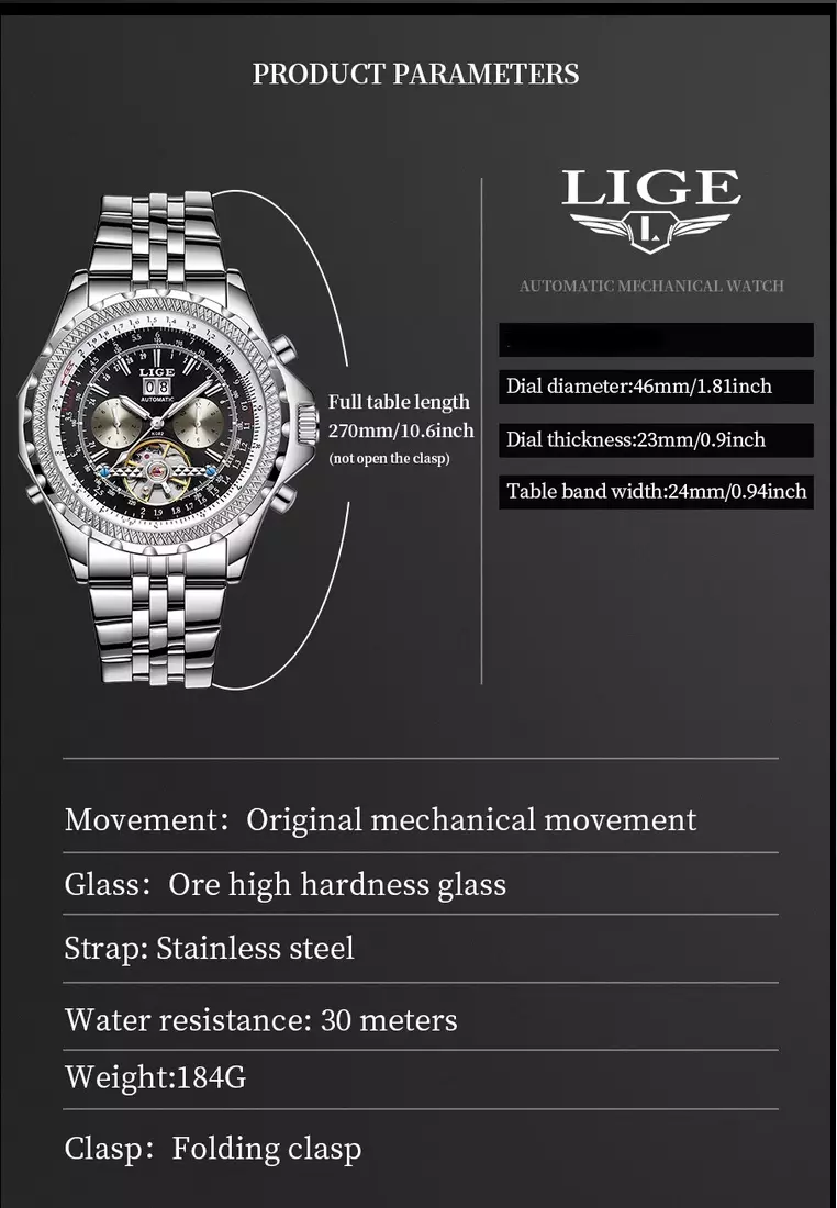 Buy LIGE AUTOMATIC Unisex IP Black Stainless Steel Self-winding Watch ...