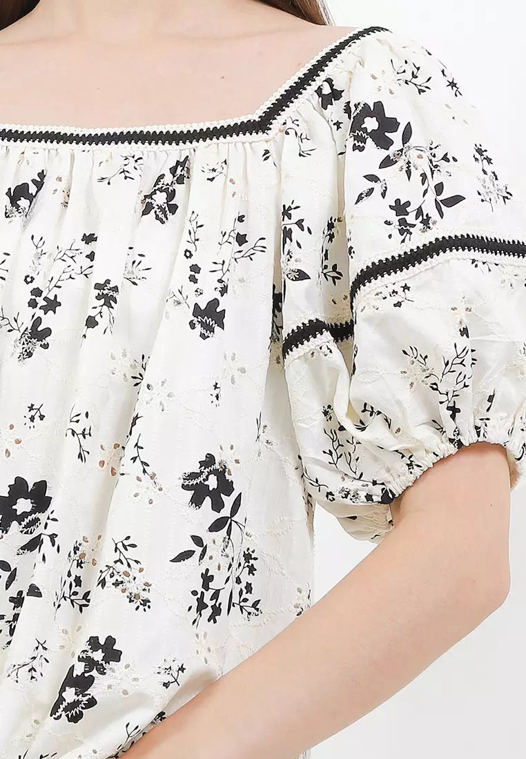 Jual Chic Simple Puff Sleeve Crochet Lace Trimmed Printed Eyelet Blouse