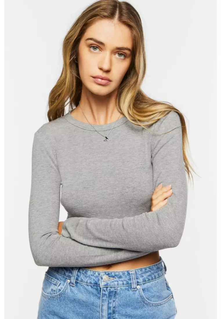 Buy Forever 21 Ribbed Knit Long Sleeve Crop Top 2024 Online Zalora