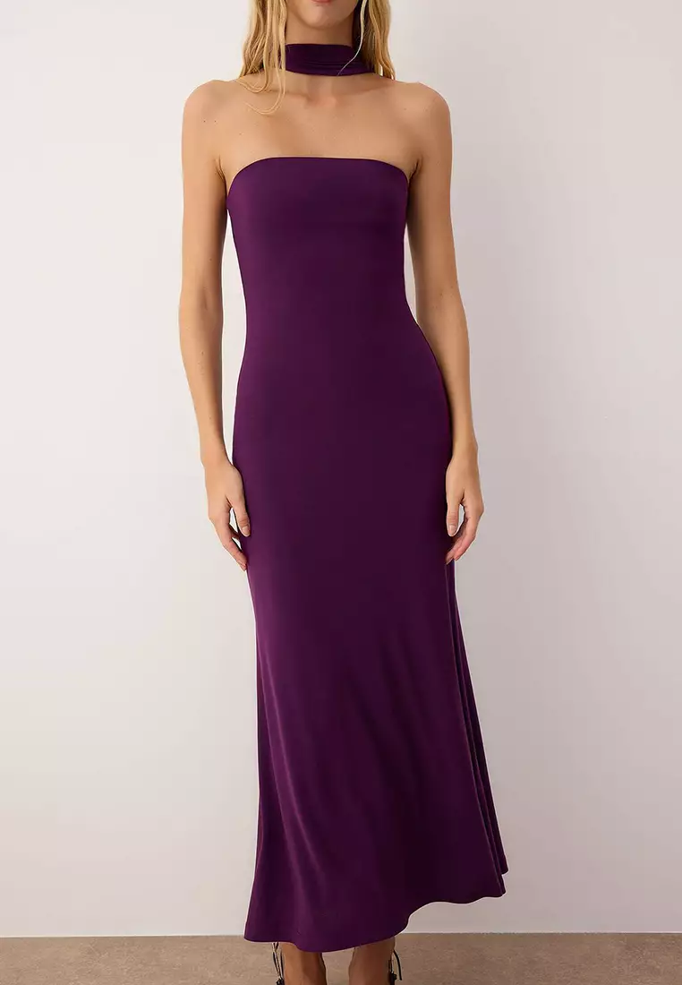 Buy Trendyol Plum Plain Knit Sandy Maxi Unlined Cocktail Dress Online ...