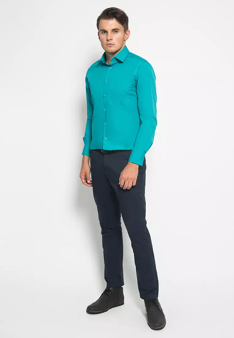 Jual Alisan Alisan Kemeja Polos Slimfit Lengan Panjang Toska Original ...