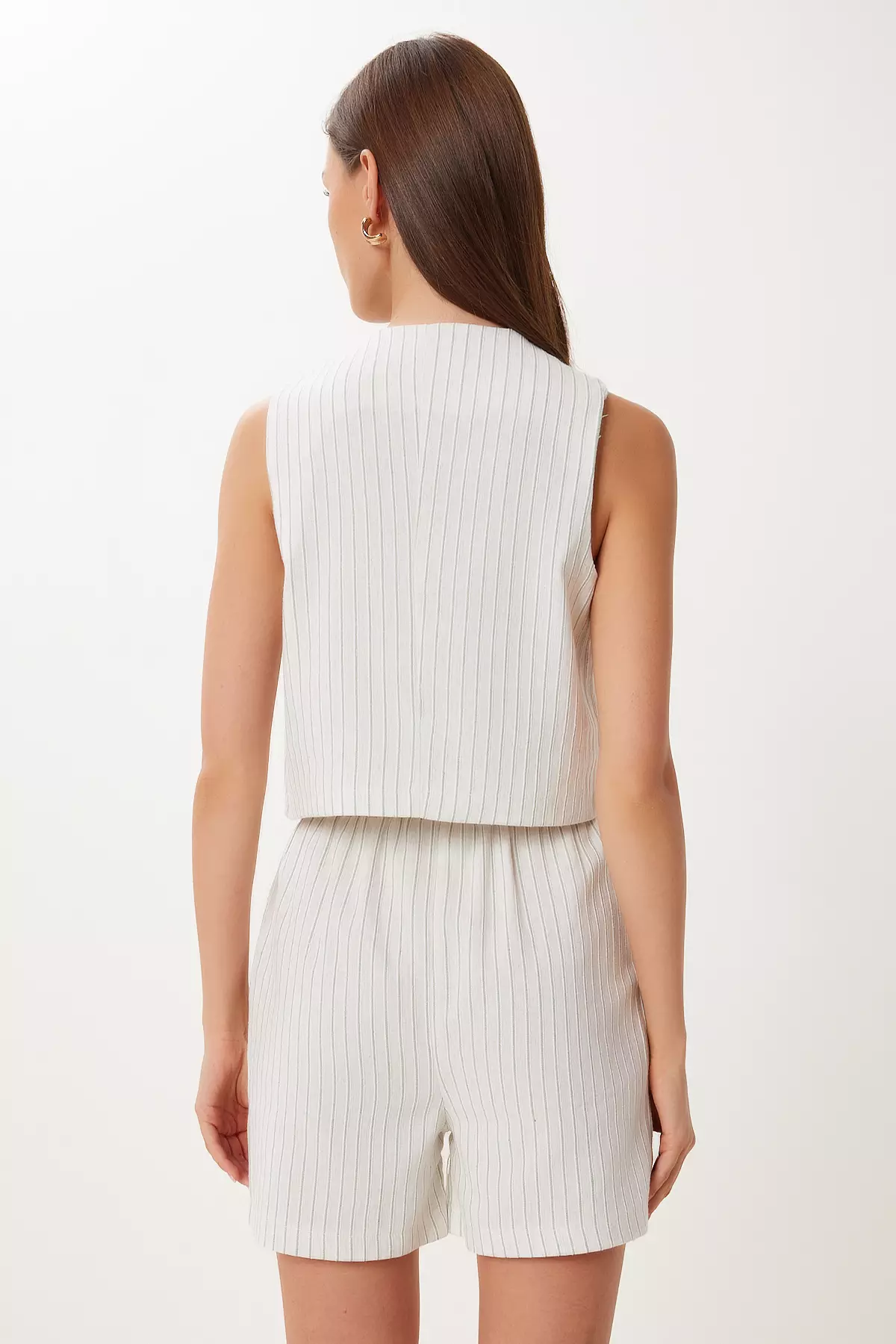 Buy Happiness Istanbul Women's Cream Green Striped Linen Vest Shorts ...