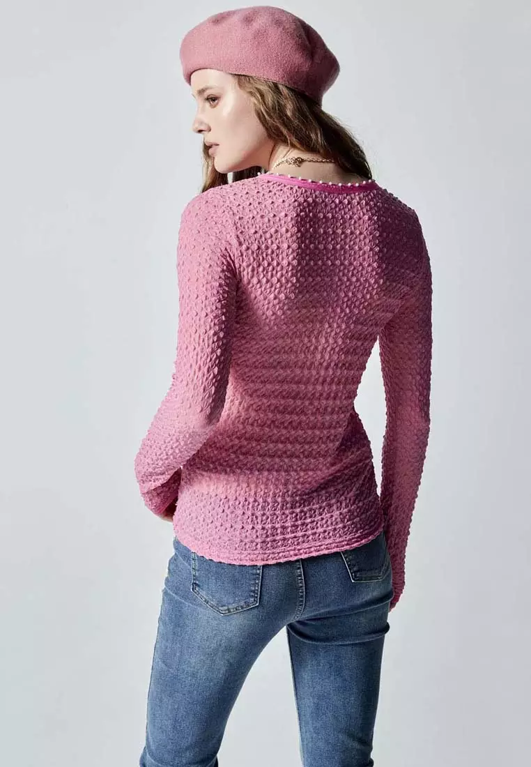 Buy iROO V-Neck Pink Texture Top 2026 Online | ZALORA Philippines