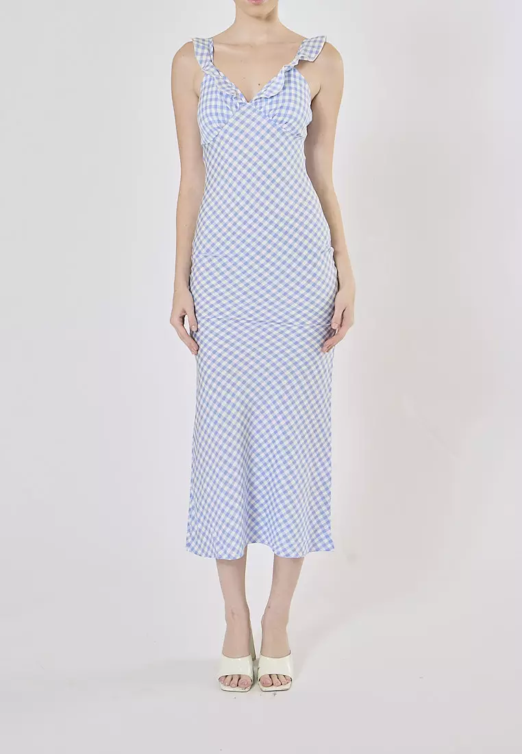 Buy Love, Ara Aquila Sky Blue Plaid Bias Cut Midi Dress 2025 Online ...
