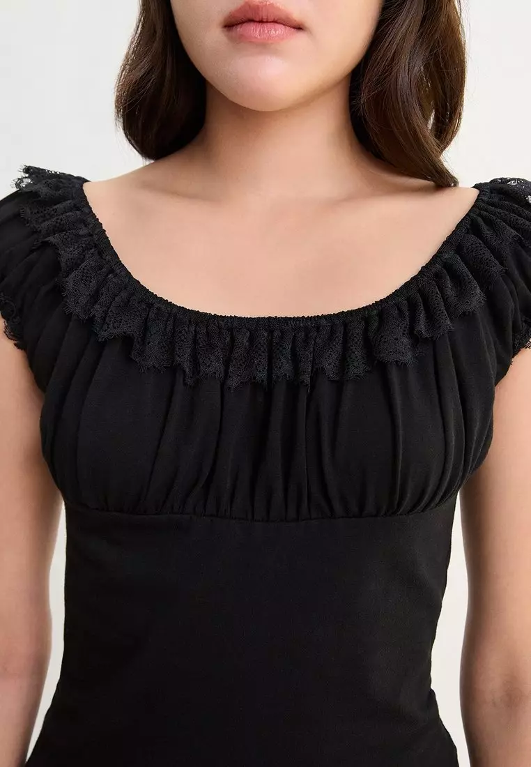 Buy Pomelo Ruffle Trim Wide Neck Top - Black 2026 Online | ZALORA