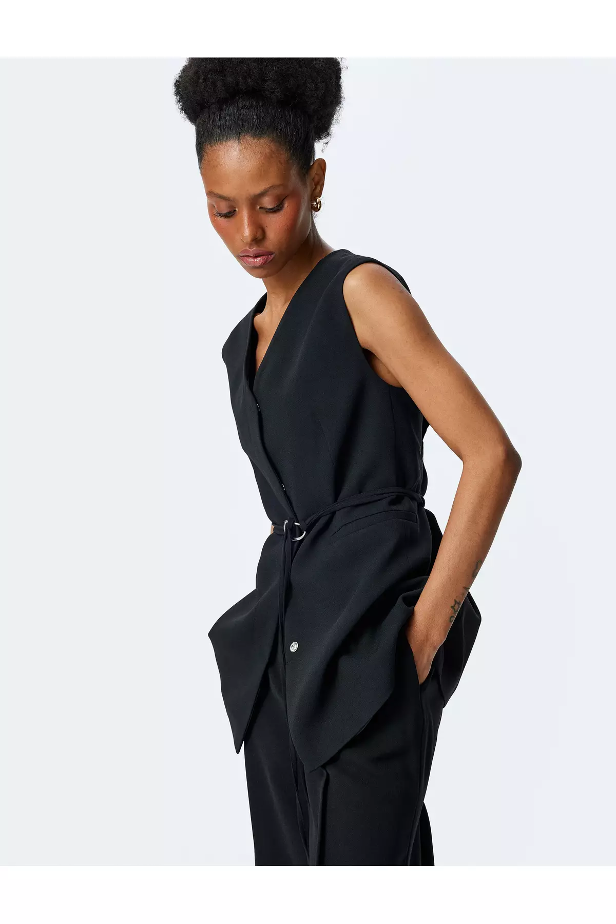 KOTON Double Breasted Belted Metal Accessory Long Sleeveless Vest 2026 ...