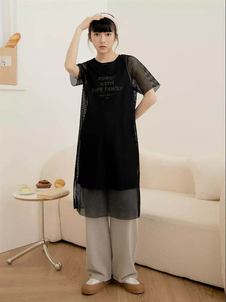 OBSTYLE Café Family. True Two-Piece Sheer Mesh Letter Print Short Dress ...