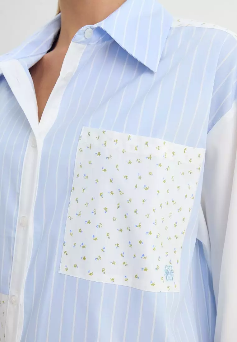 Buy Pomelo Striped Floral Panel Shirt - Blue 2026 Online | ZALORA