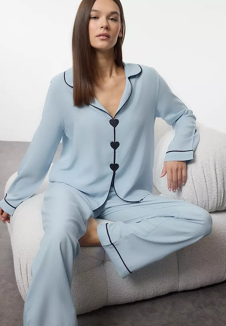 Buy Trendyol Light Blue Heart Ribbed Woven Pajamas Set 2025 Online | ZALORA
