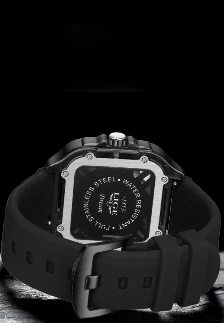 LIGE Unisex See Through Dial Square Quartz Watch 45mm, Black Rubber ...