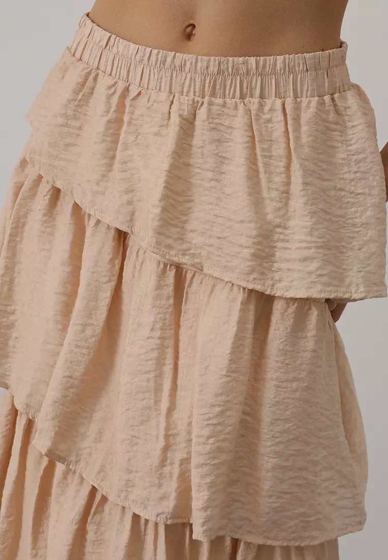 Buy Trendyol Stone Skirt Layered Ruffle Textured Maxi/Long Woven Skirt ...