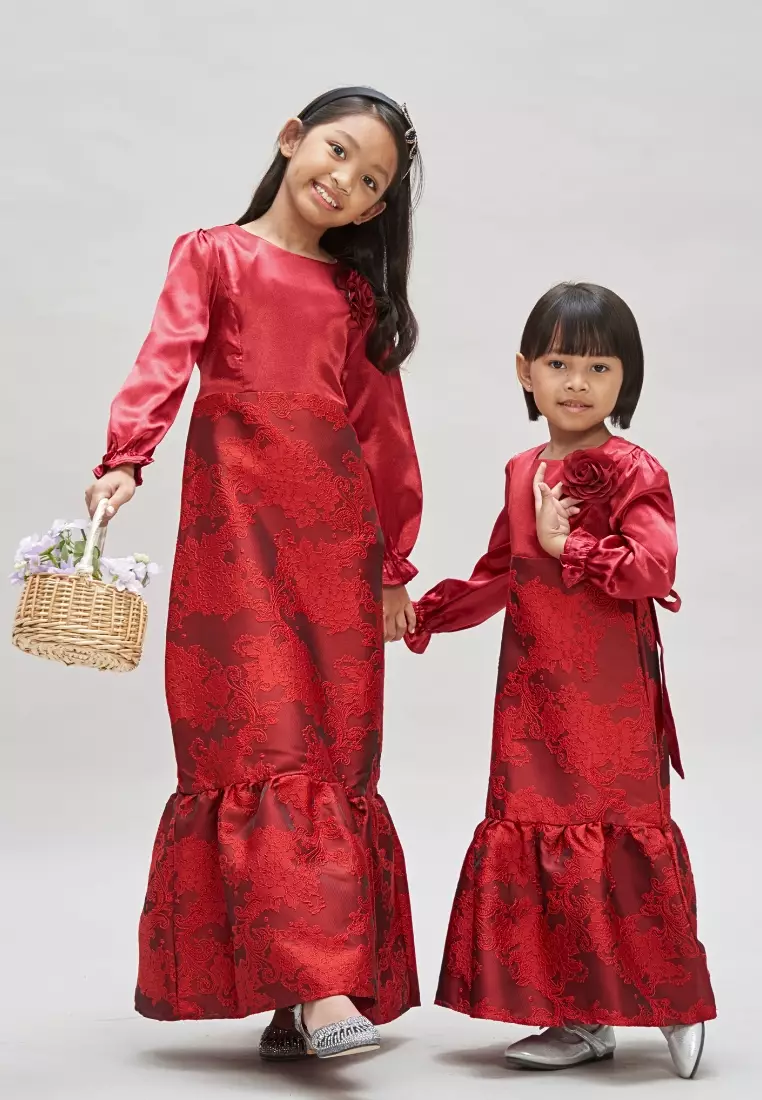 Buy Loveaisyah Girl Maroon Red Jacquard Dress with Flower Brooch Baju ...