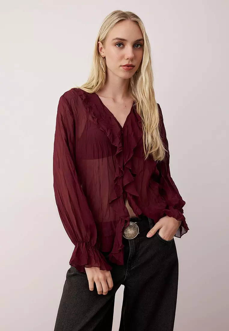 Buy Trendyol Plum Wrinkled Look Chiffon Transparent Shirt 2026 Online ...