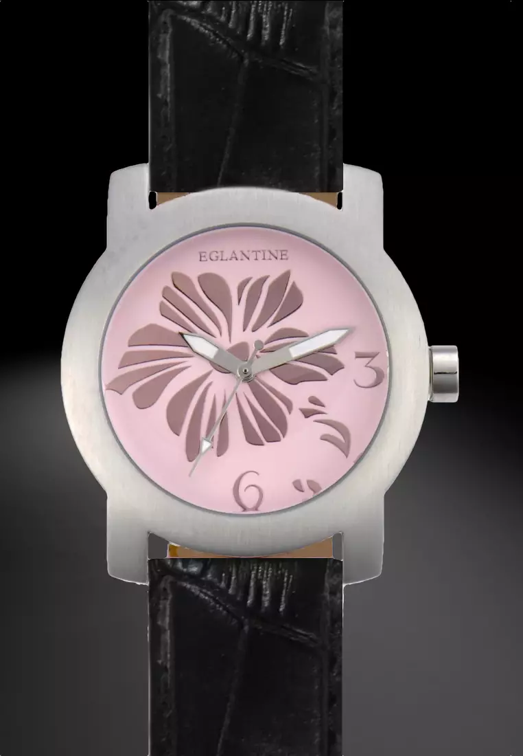 EGLANTINE Bauhinia Ladies Steel Quartz Watch on Black Leather Strap ...