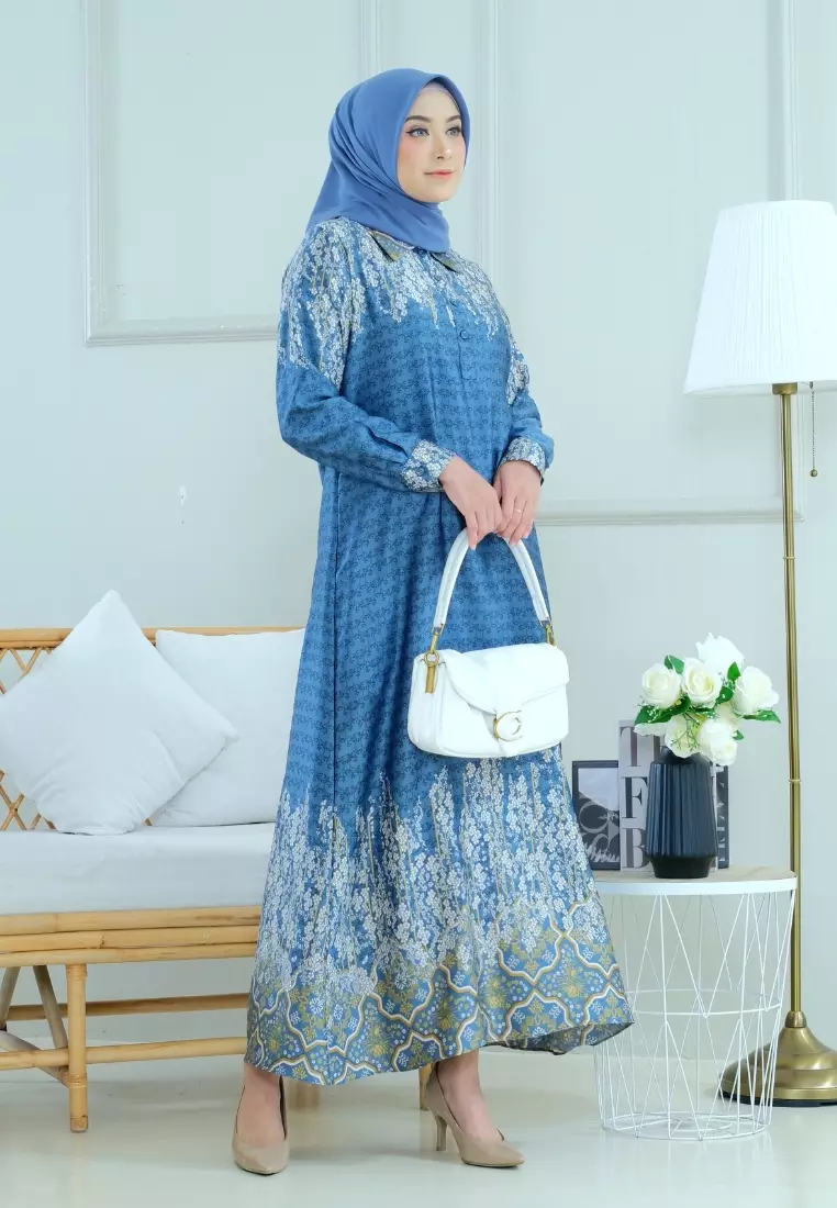 Jual Brilliant Girl Gamis Long Dress Printing Armany Blue Silk By ...