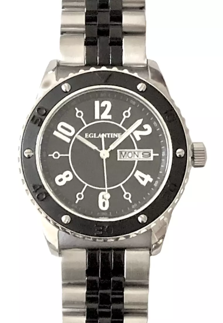 Buy EGLANTINE DAY/DATE Unisex Steel Quartz Watch, Black dial, Steel and ...