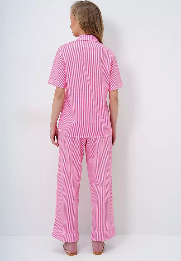 Buy Alacati Women's Fuchsia Double Sleeve And Leg Detailed Striped ...