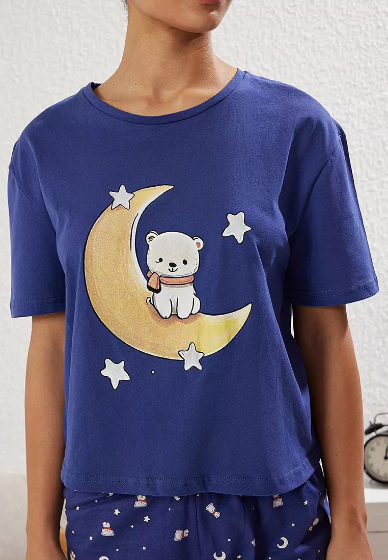 Buy Trendyol Navy Blue Teddy Bear And Star Patterned Knitted Pajama Set ...