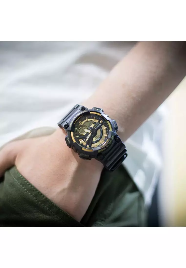 線上選購 Casio Men's Analog-Digital Watch AEQ-110BW-9AV Gold Dial with Black Resin Band Sport Watch ...