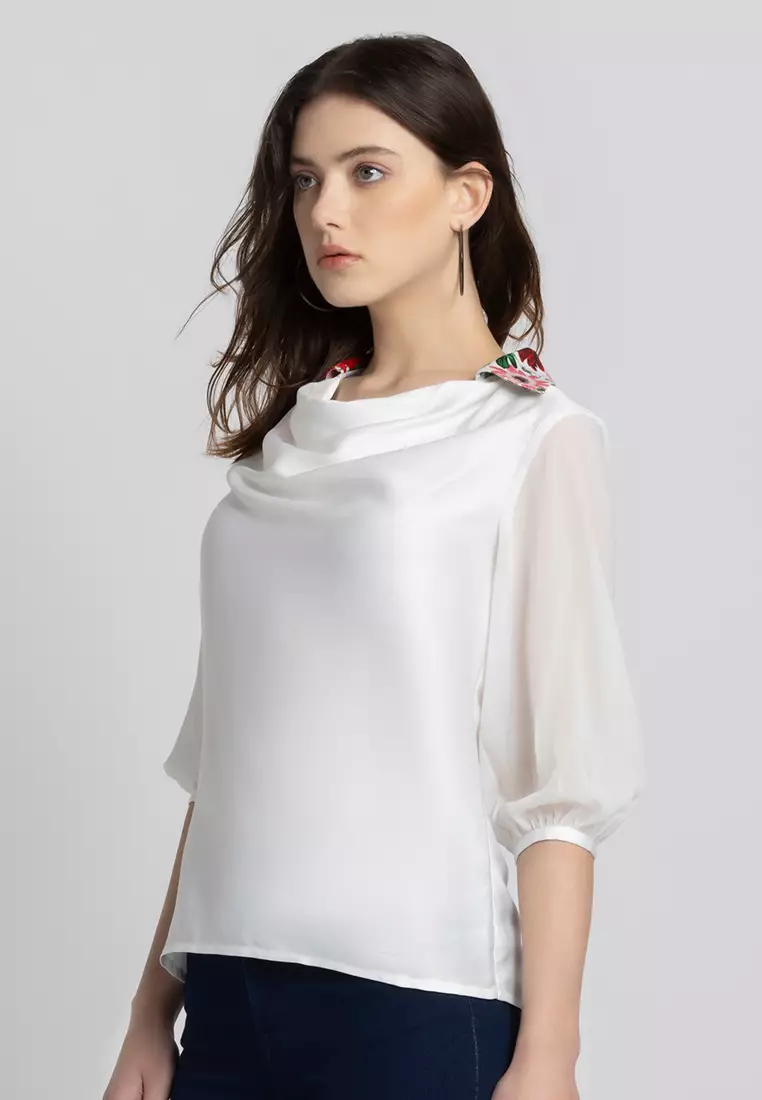 Buy Shaye White Contrast Collar Cuff Sleeves Blouse 2024 Online | ZALORA