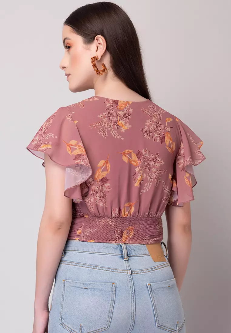 Buy FabAlley Dusty Pink Floral Print Ruffled Crop Top 2025 Online | ZALORA