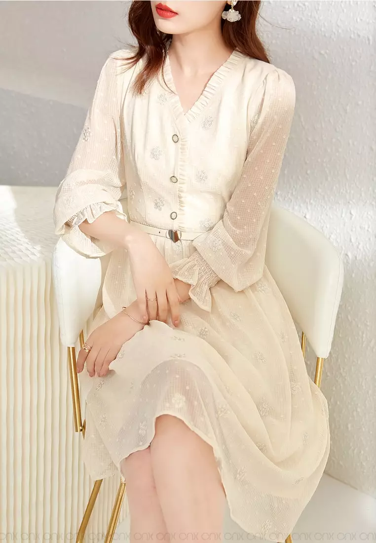 Buy A-IN GIRLS Romantic Embroidered Wood Ear Chiffon Dress (With Belt ...