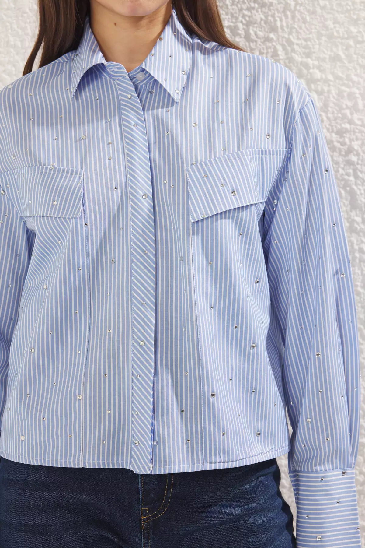 Buy Trendyol Blue Over All Stone Detailed Pocket Striped Oversize Wide ...