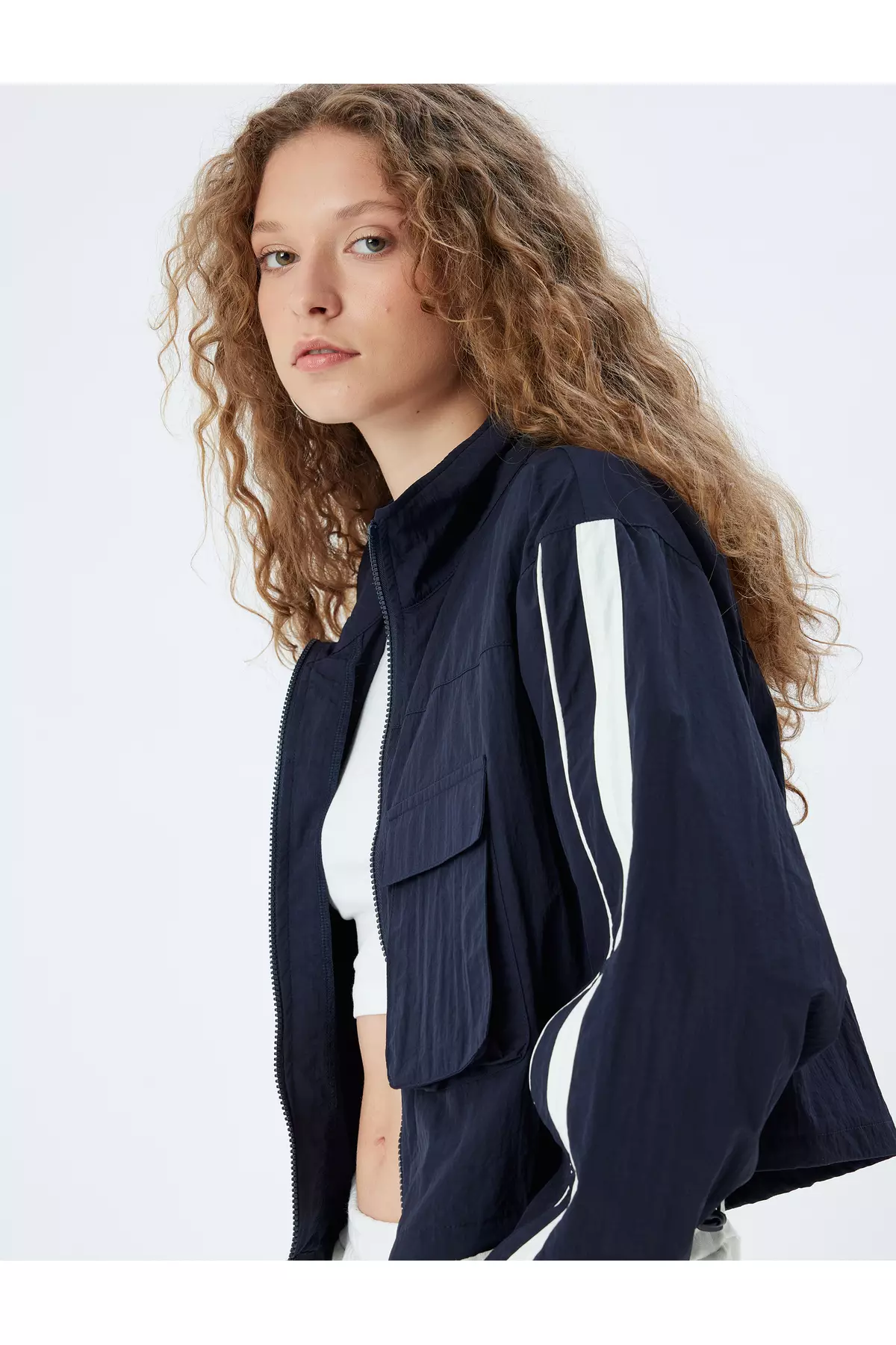 Buy KOTON Parachute Jacket Crop Zippered Piping Slim Fit Pocket ...