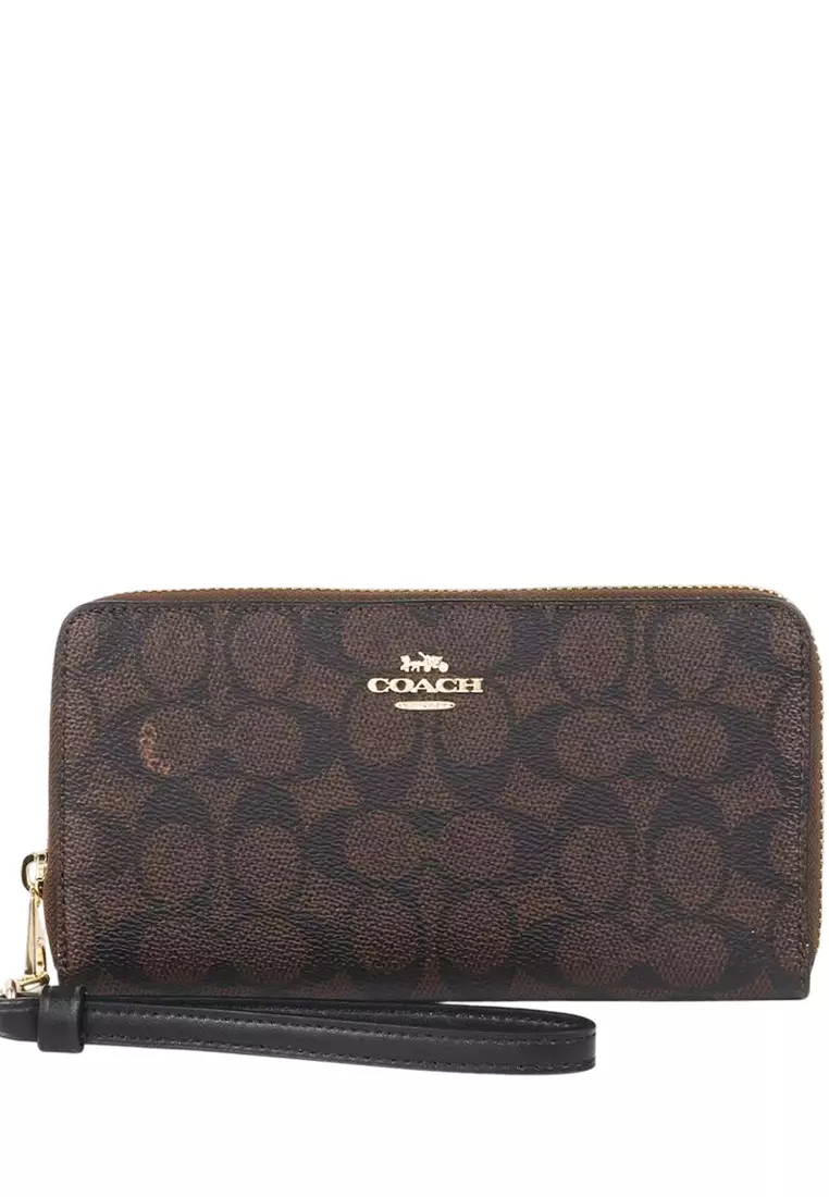 Coach Coach Long Zip Around Wallet In Signature Canvas - Walnut/Black ...