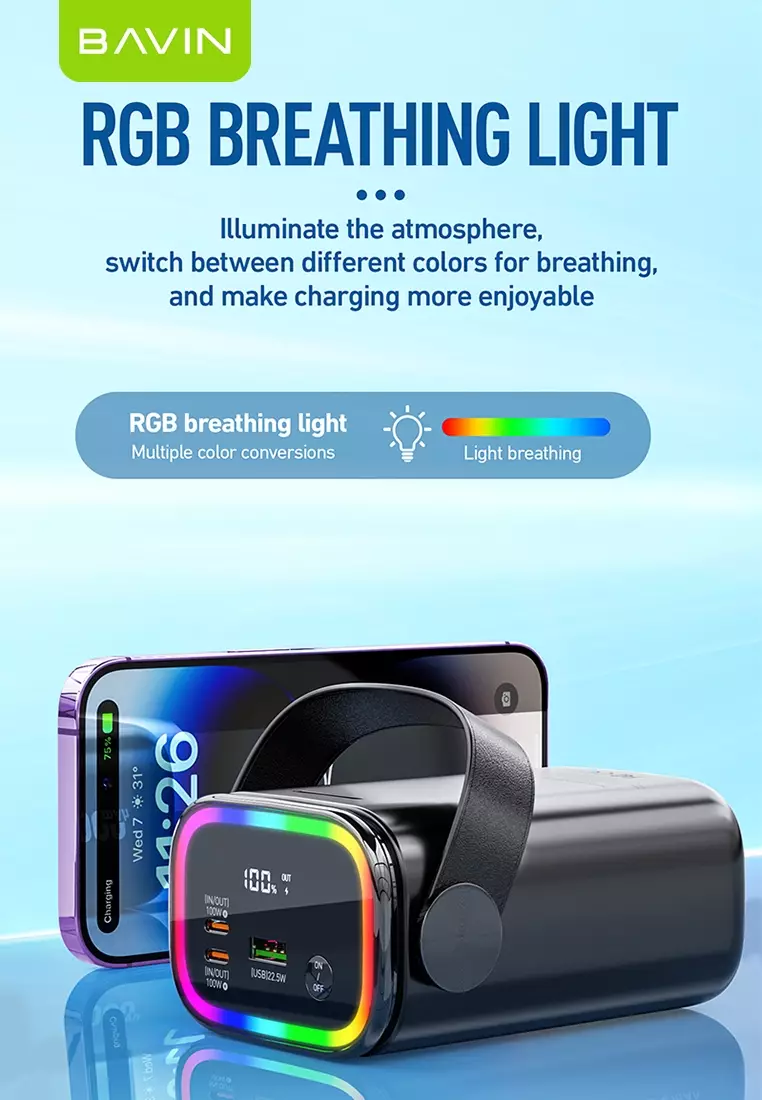 Buy BAVIN PC1022 30000mAh 100W Fast Charging RGB Power Bank PD Type C 18W Output + Dual USB Port ...