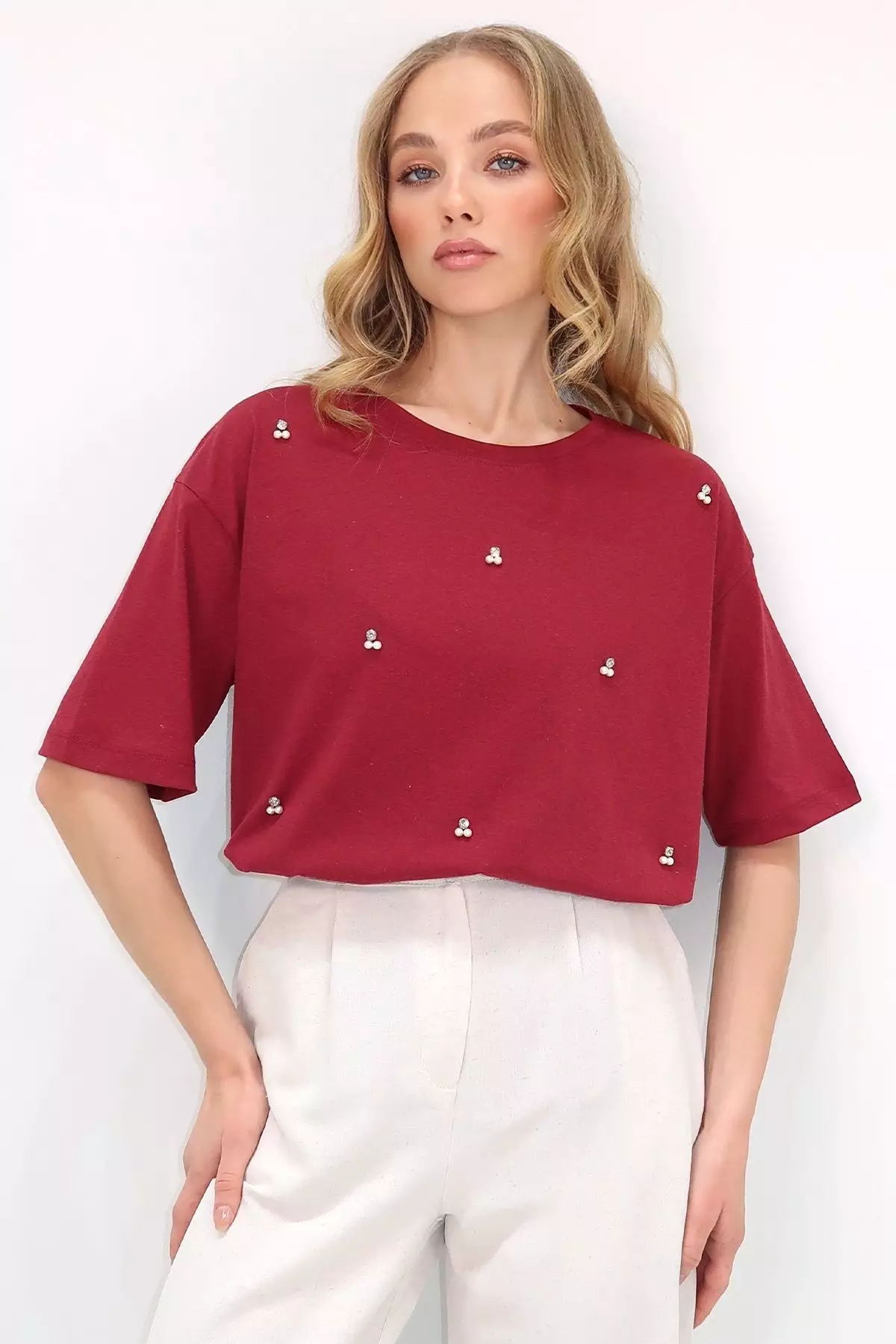 Buy Alacati Women's Claret Red Crew Neck Oversize Pearl and Stone ...