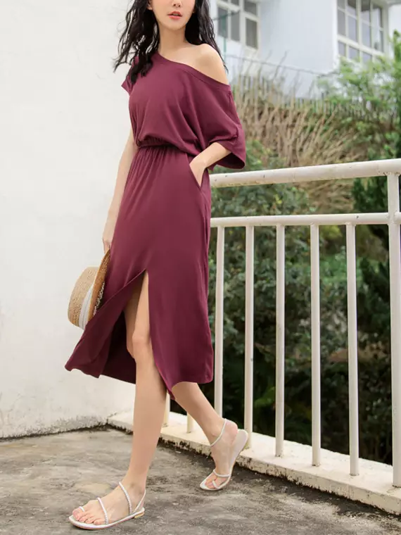 OBSTYLE Home Fashion. Solid Color Cool Round Neck Slant Shoulder Short ...