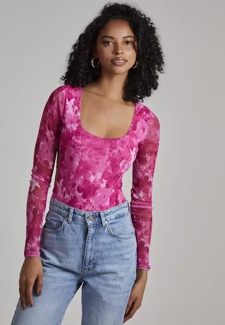 Pink Vanilla Pink Vanilla Hot Pink Graphic Floral Long Sleeve Bodysuit ...