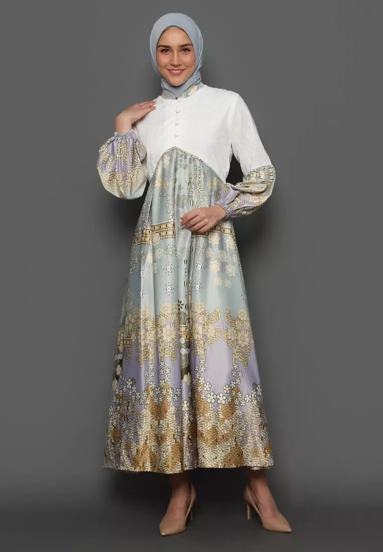 Jual FAME Gamis Wanita Kerah Tinggi Print Sage Green - 9911134 Original ...