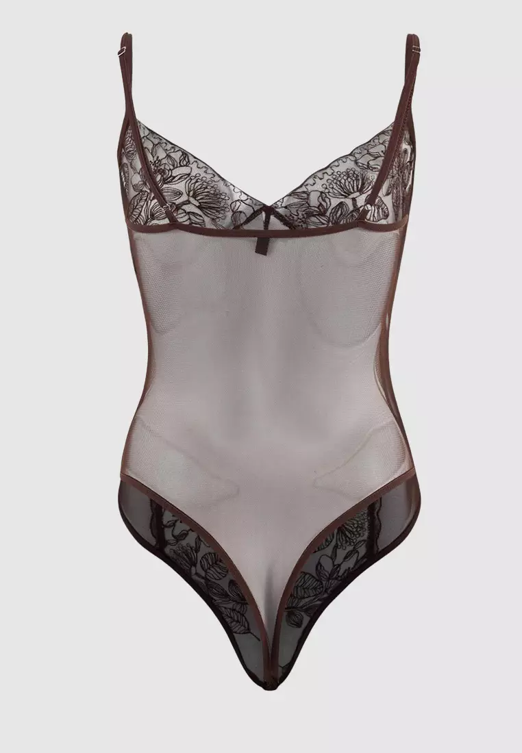 Jual Trendyol Brown Tulle/Lace Fitted Capless Fancy Bodysuit ...