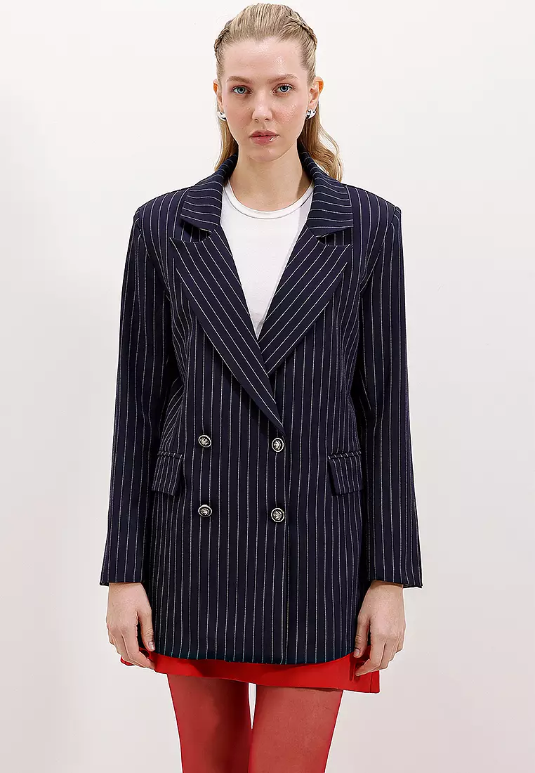 Jual Bigdart Navy Blue Double Buttoned Striped Blazer Jacket Original ...